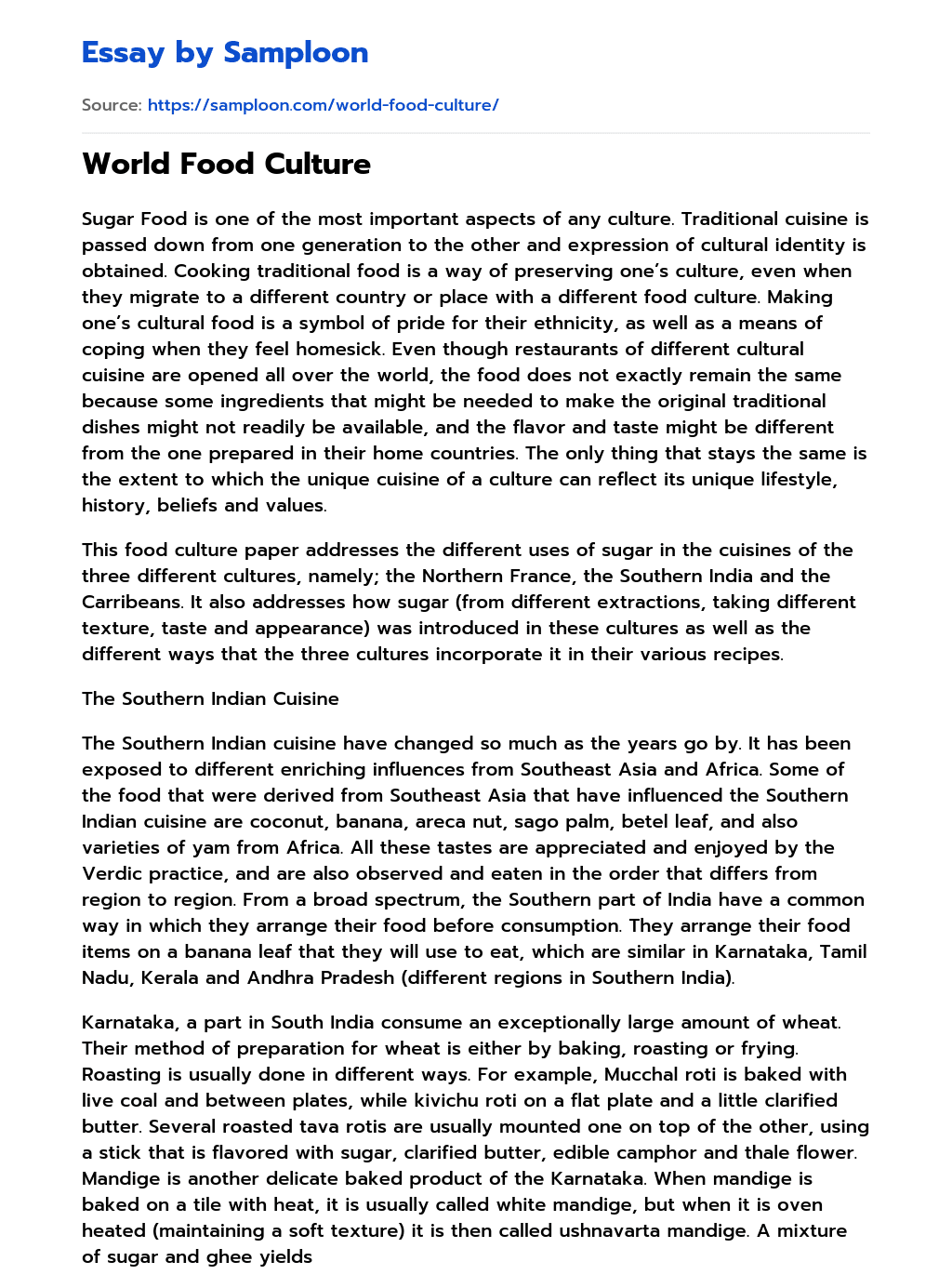  World Food Culture Free Essay Sample On Samploon