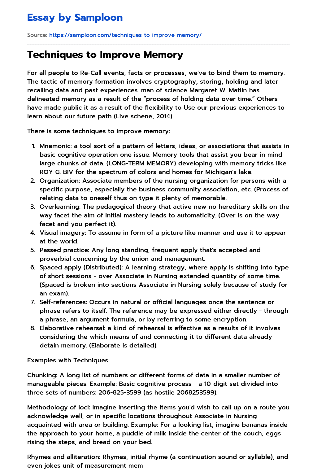  Techniques To Improve Memory Free Essay Sample On Samploon