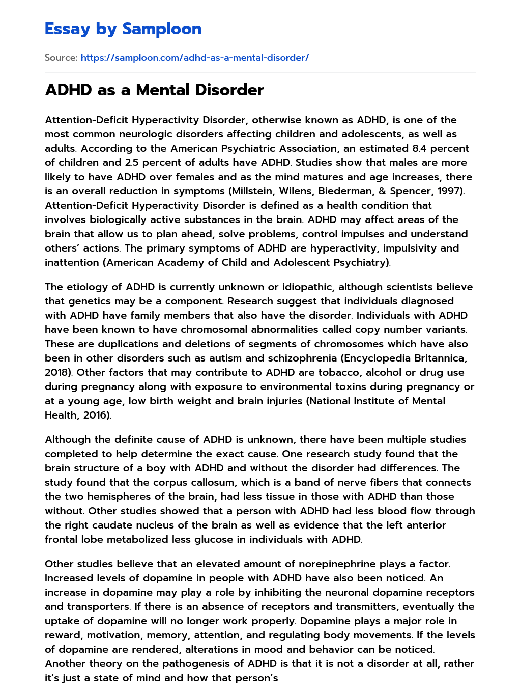 ADHD As A Mental Disorder Free Essay Sample On Samploon ADHD As A Mental Disorder Free Essay Sample On Samploon