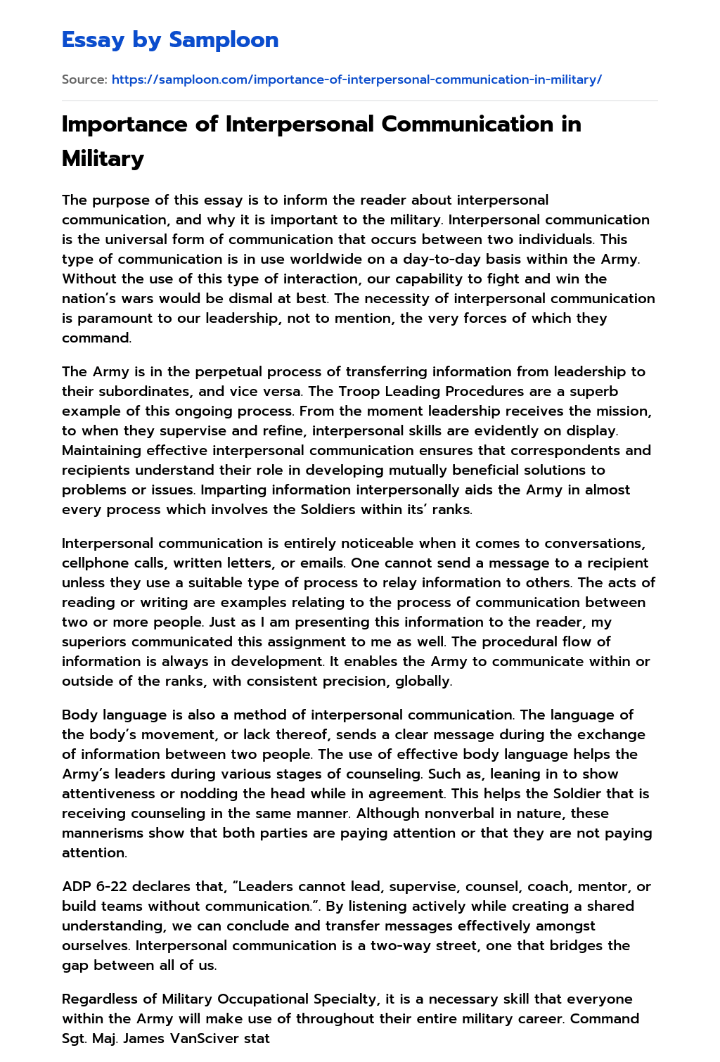 Importance Of Interpersonal Communication In Military Free Essay Sample 