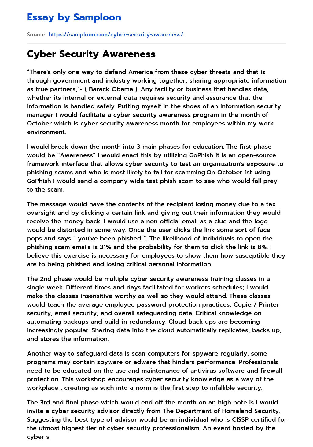  Cyber Security Awareness Free Essay Sample On Samploon