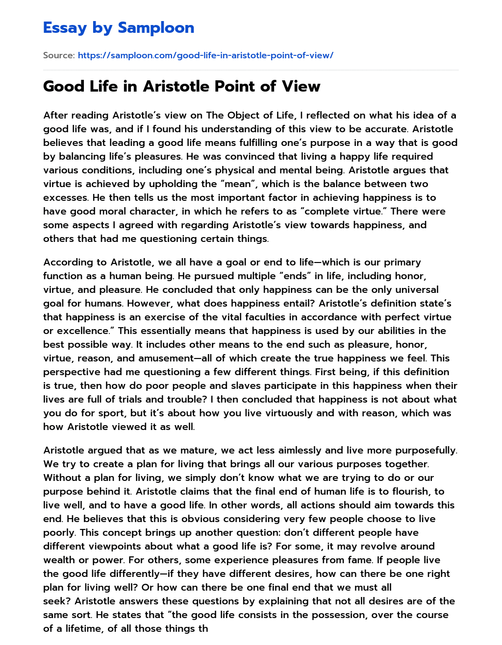Good Life In Aristotle Point Of View Free Essay Sample On Samploon