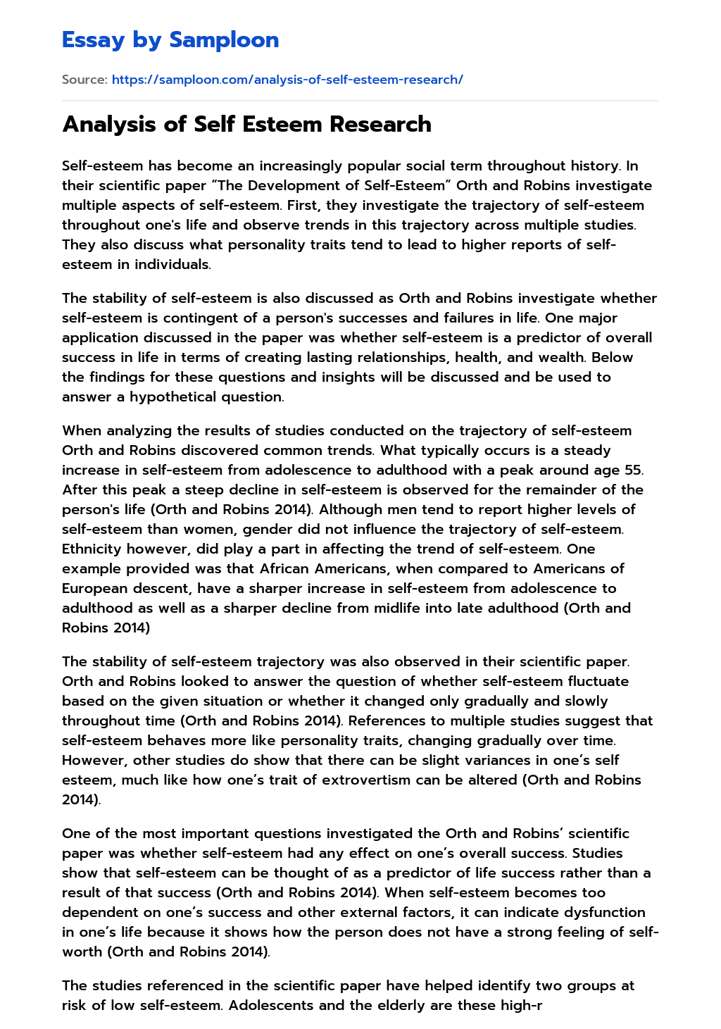  Analysis Of Self Esteem Research Free Essay Sample On Samploon