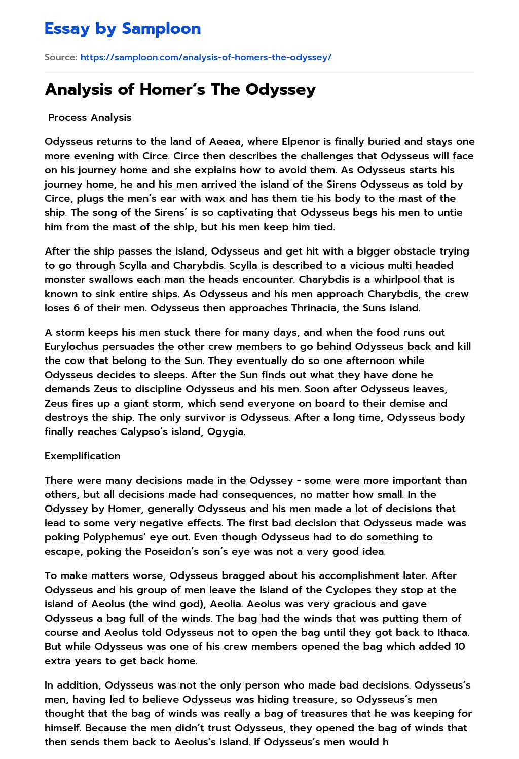  Analysis Of Homer s The Odyssey Free Essay Sample On Samploon