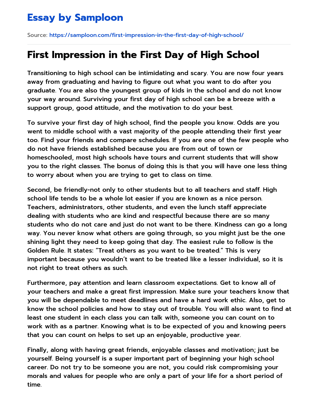 First Impression In The First Day Of High School Free Essay Sample On