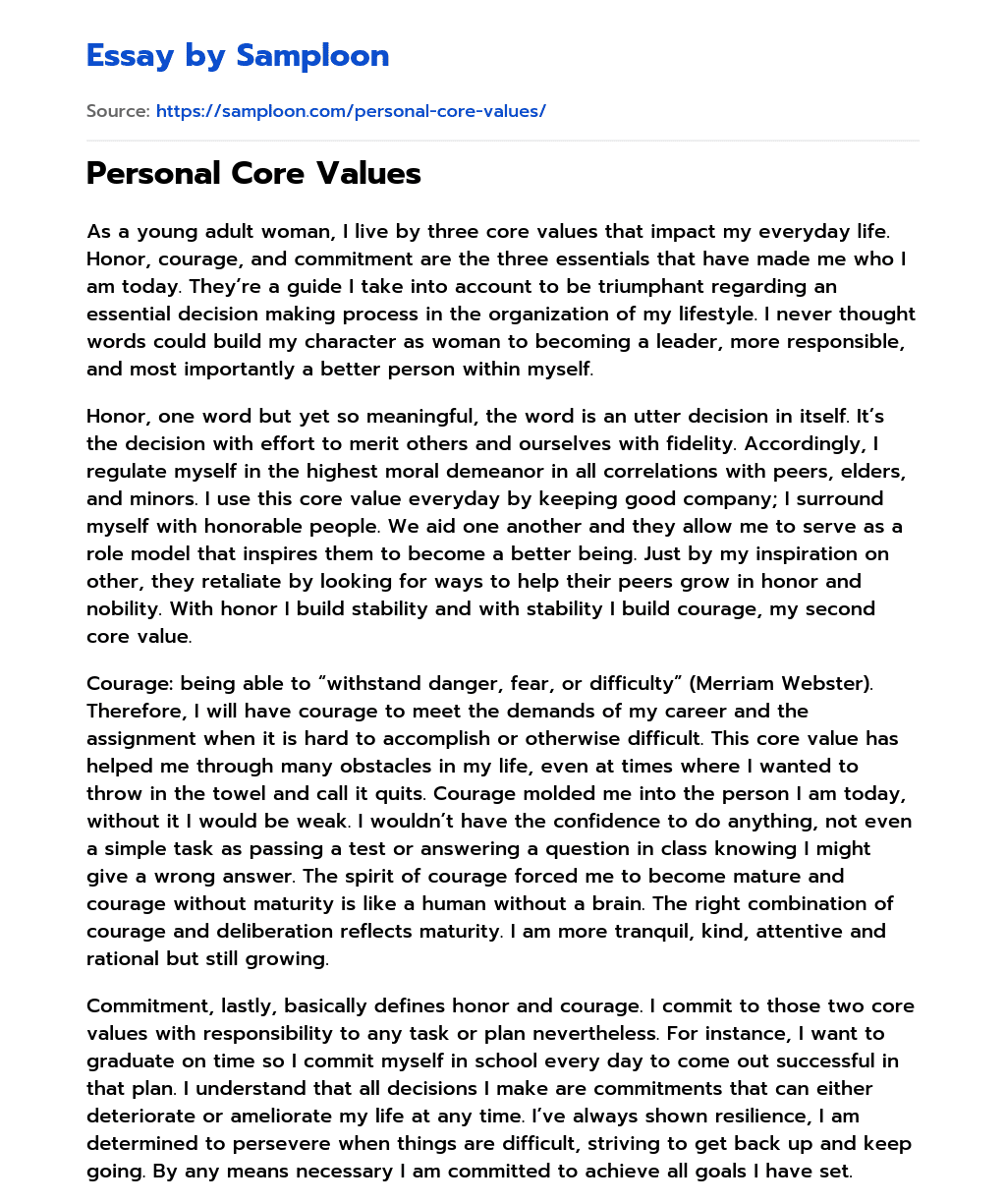 Personal Core Values Free Essay Sample On Samploon Personal Core Values Free Essay Sample On Samploon