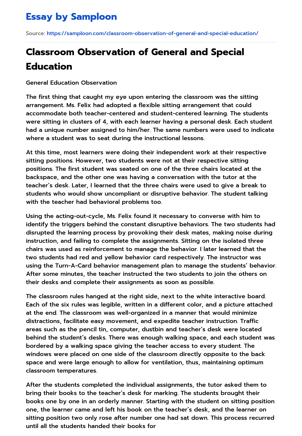 Classroom Observation Of General And Special Education Free Essay Classroom Observation Of General And Special Education Free Essay