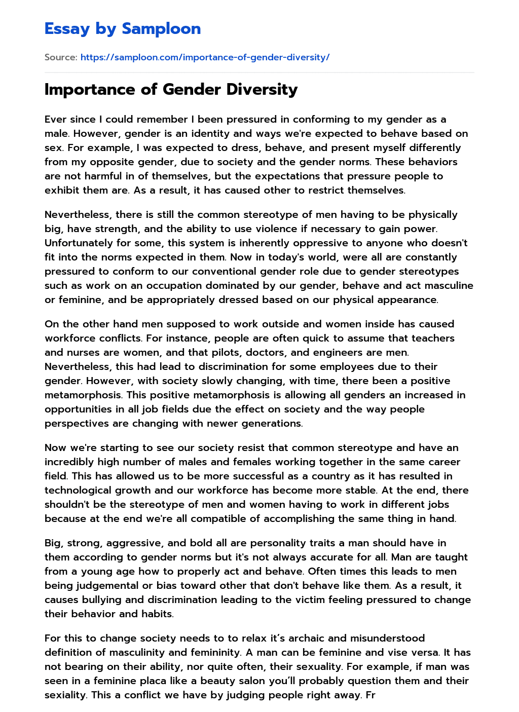  Importance Of Gender Diversity Free Essay Sample On Samploon