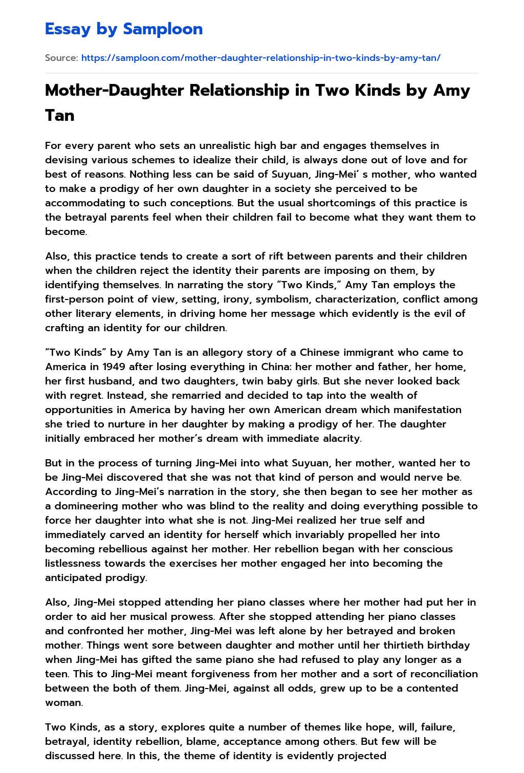  Mother Daughter Relationship In Two Kinds By Amy Tan Free Essay