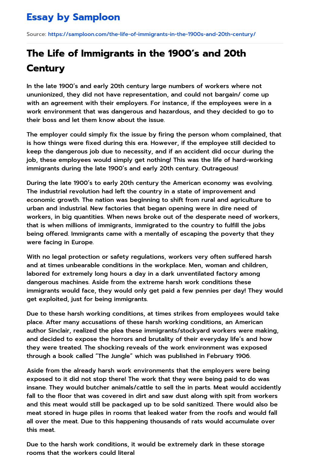 The Life Of Immigrants In The 1900 s And 20th Century Free Essay Sample The Life Of Immigrants In The 1900 s And 20th Century Free Essay Sample
