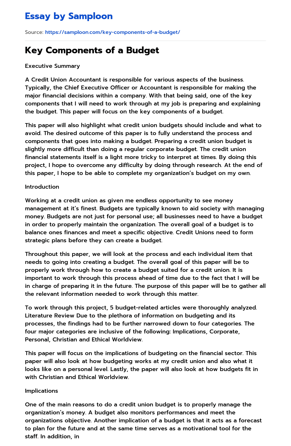 Key Components Of A Budget Free Essay Sample On Samploon