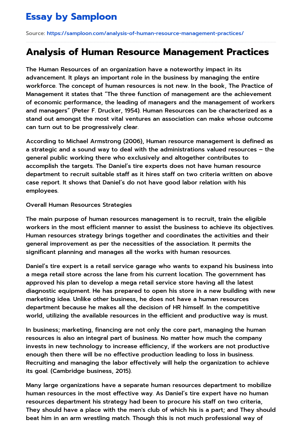 Analysis Of Human Resource Management Practices Free Essay Sample On 