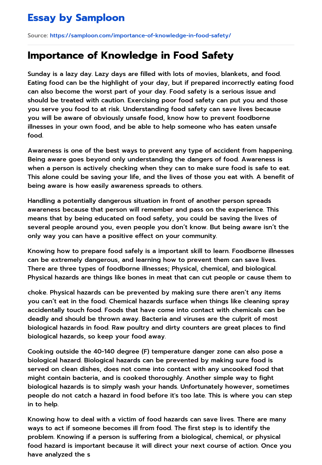 Importance Of Knowledge In Food Safety Free Essay Sample On Samploon Importance Of Knowledge In Food Safety Free Essay Sample On Samploon