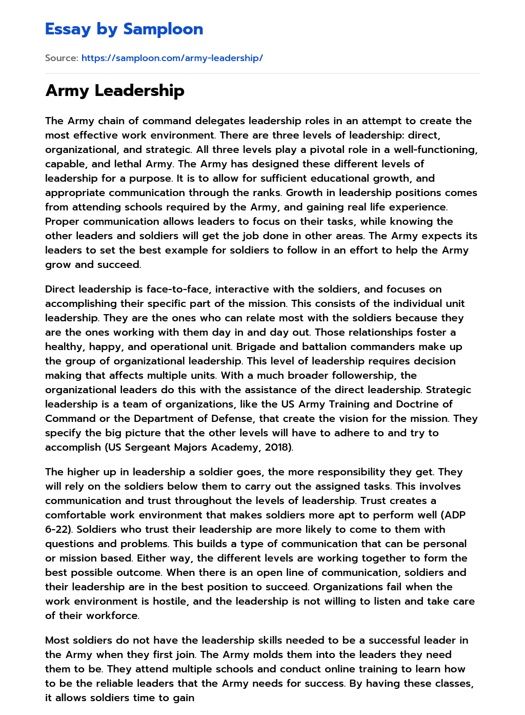  Army Leadership Free Essay Sample On Samploon