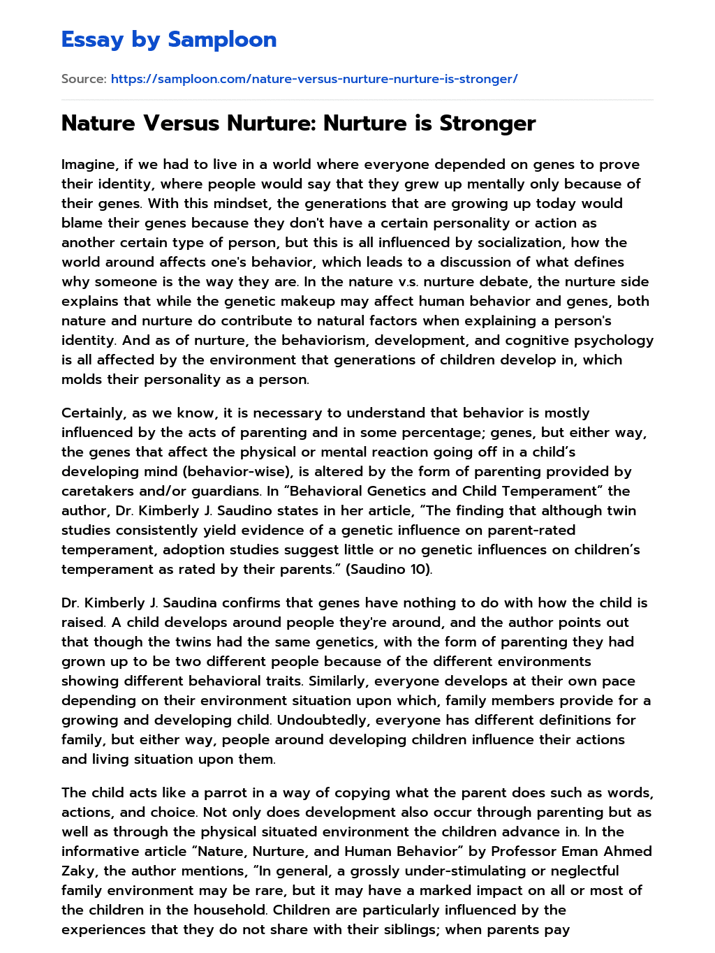Nature Versus Nurture Nurture Is Stronger Argumentative Essay On Nature Versus Nurture Nurture Is Stronger Argumentative Essay On