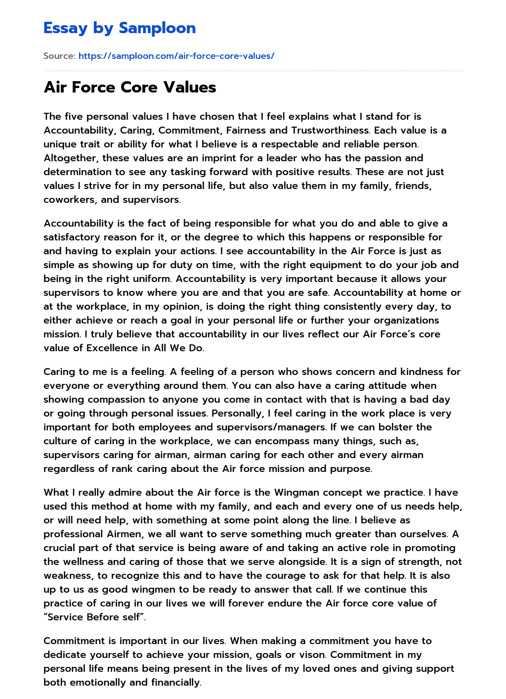 Air Force Core Values Personal Essay On Samploon