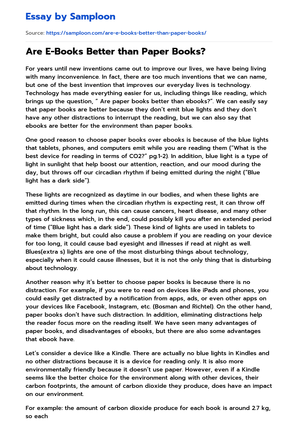  Are E Books Better Than Paper Books Free Essay Sample On Samploon