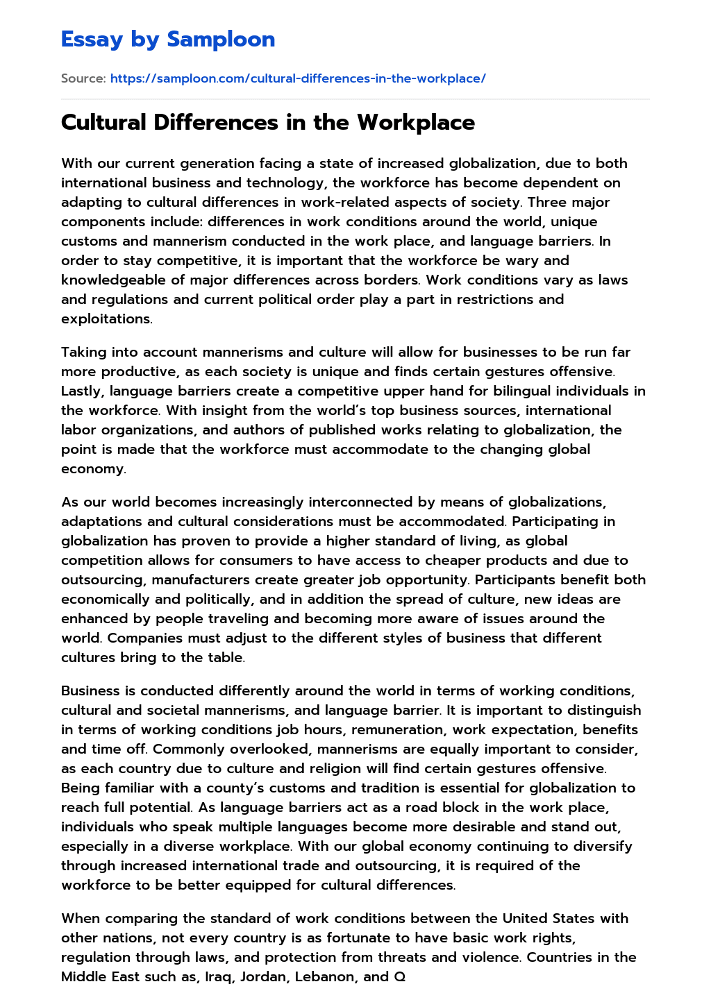 Cultural Differences In The Workplace Free Essay Sample On Samploon Cultural Differences In The Workplace Free Essay Sample On Samploon