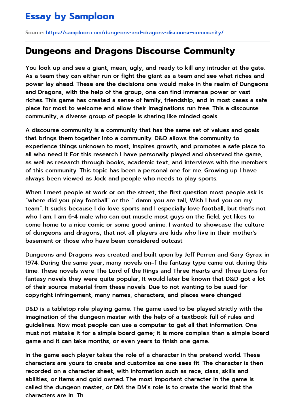 Dungeons And Dragons Discourse Community Free Essay Sample On Samploon