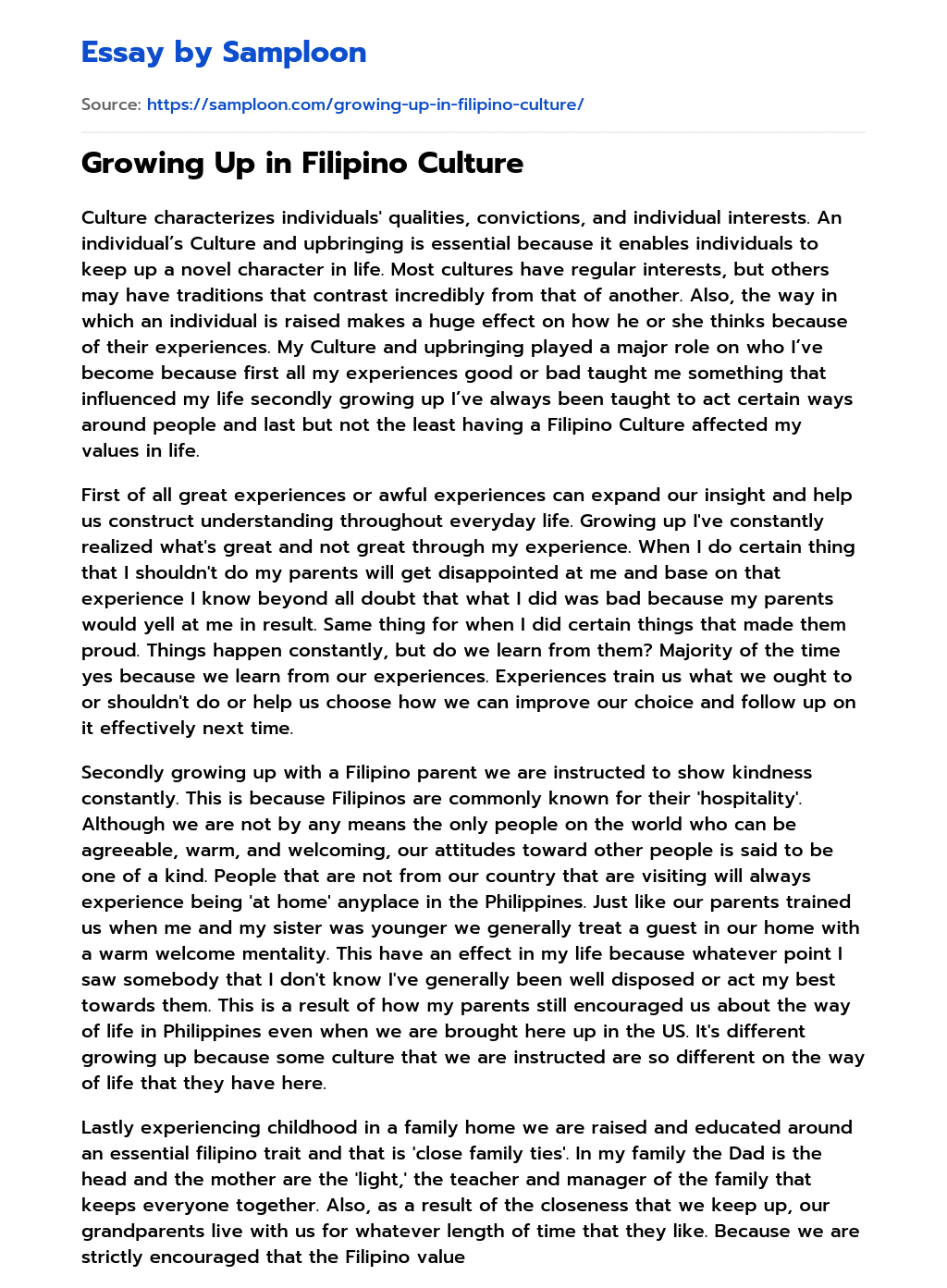 Growing Up In Filipino Culture Personal Essay On Samploon Growing Up In Filipino Culture Personal Essay On Samploon