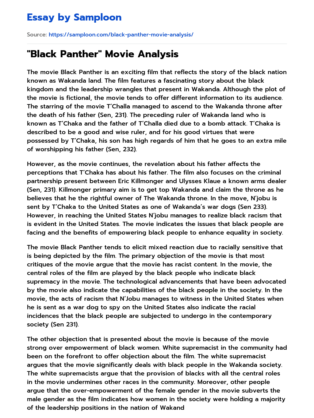 Black Panther Movie Analysis Free Essay Sample On Samploon