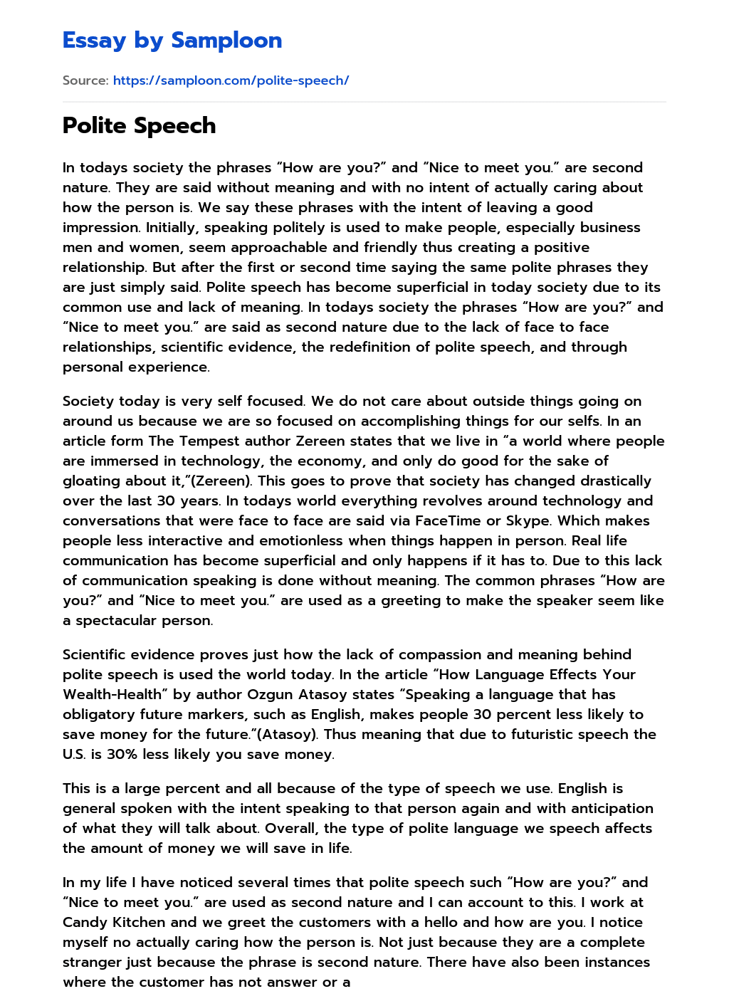Polite Speech Free Essay Sample On Samploon