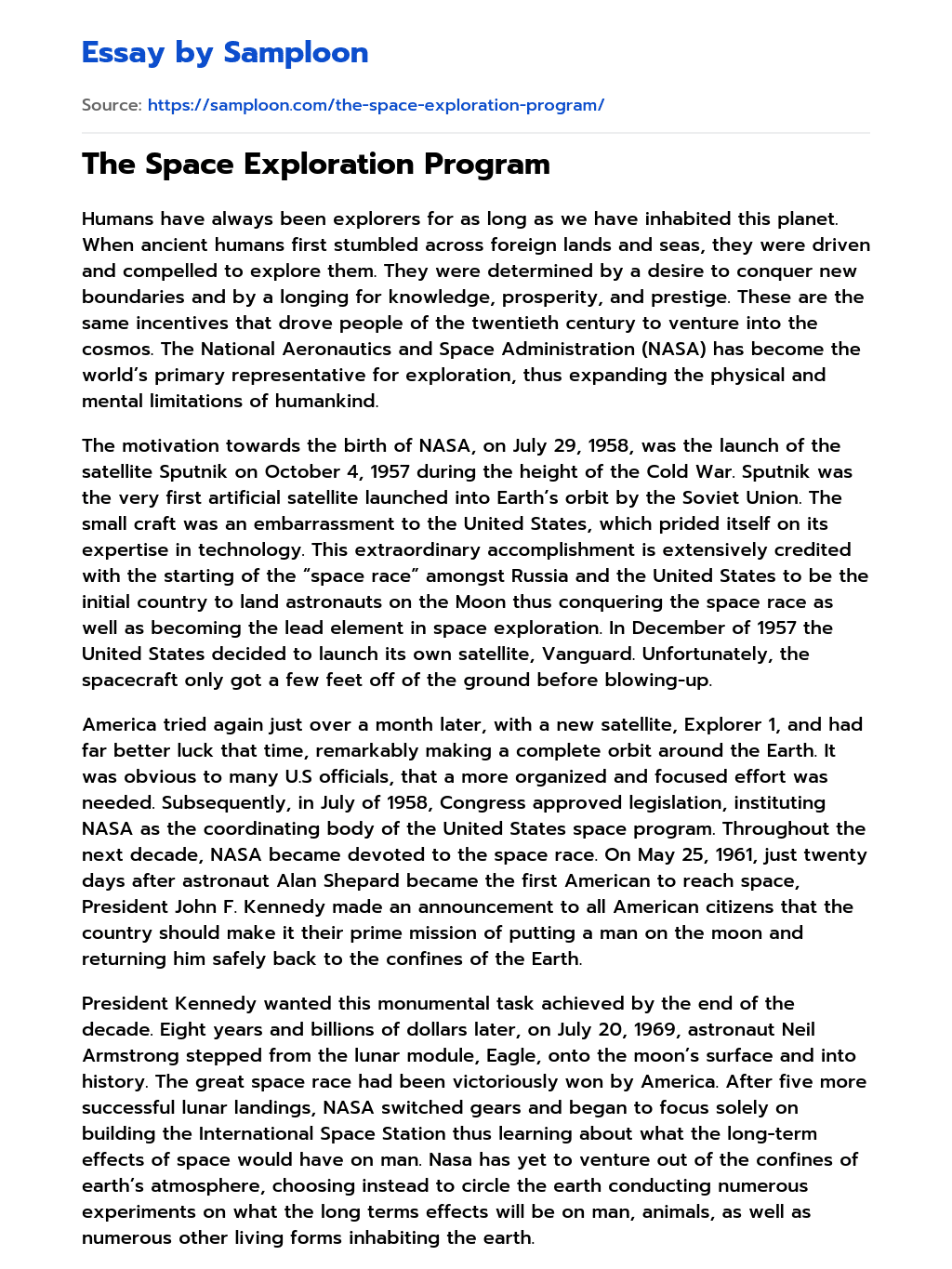 The Space Exploration Program Free Essay Sample On Samploon The Space Exploration Program Free Essay Sample On Samploon