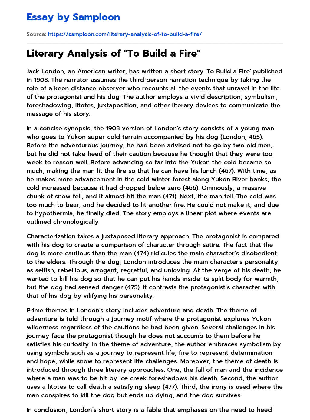 Literary Analysis Of To Build A Fire Free Essay Sample On Samploon