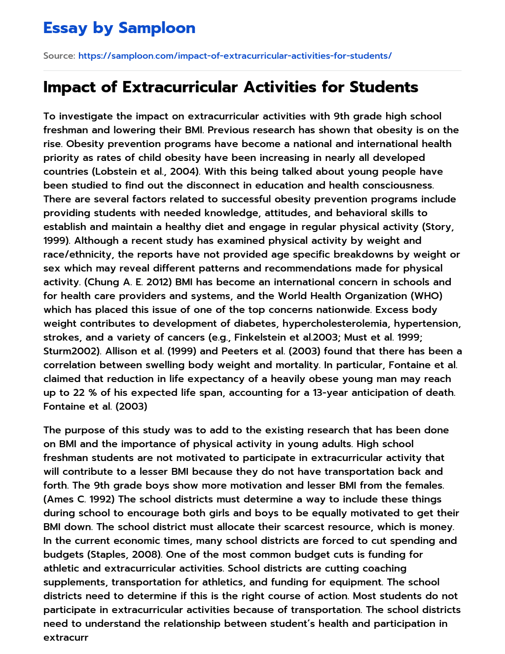  Impact Of Extracurricular Activities For Students Free Essay Sample 