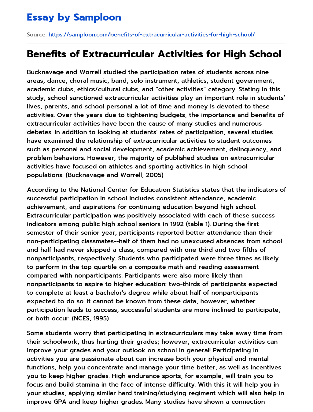 Benefits Of Extracurricular Activities For High School Free Essay 