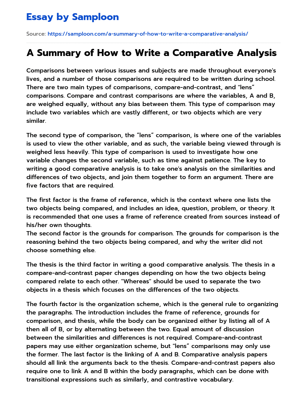 A Summary Of How To Write A Comparative Analysis Free Essay Sample On