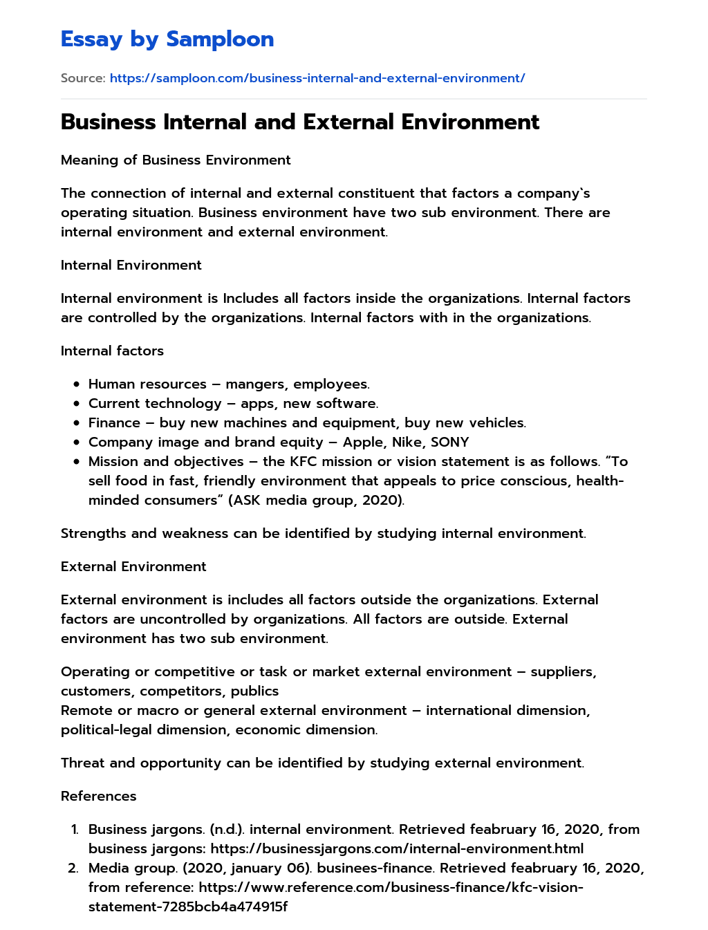 Business Internal And External Environment Analytical Essay On Samploon