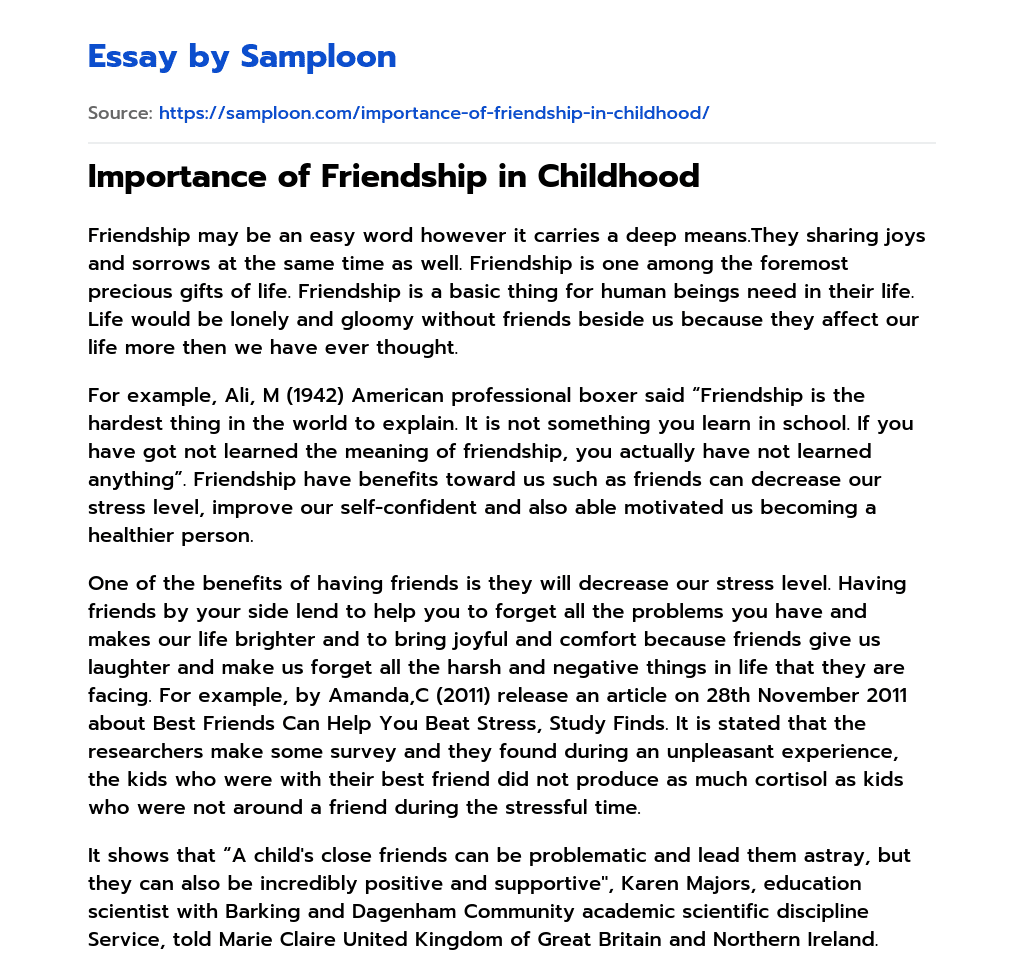  Importance Of Friendship In Childhood Free Essay Sample On Samploon