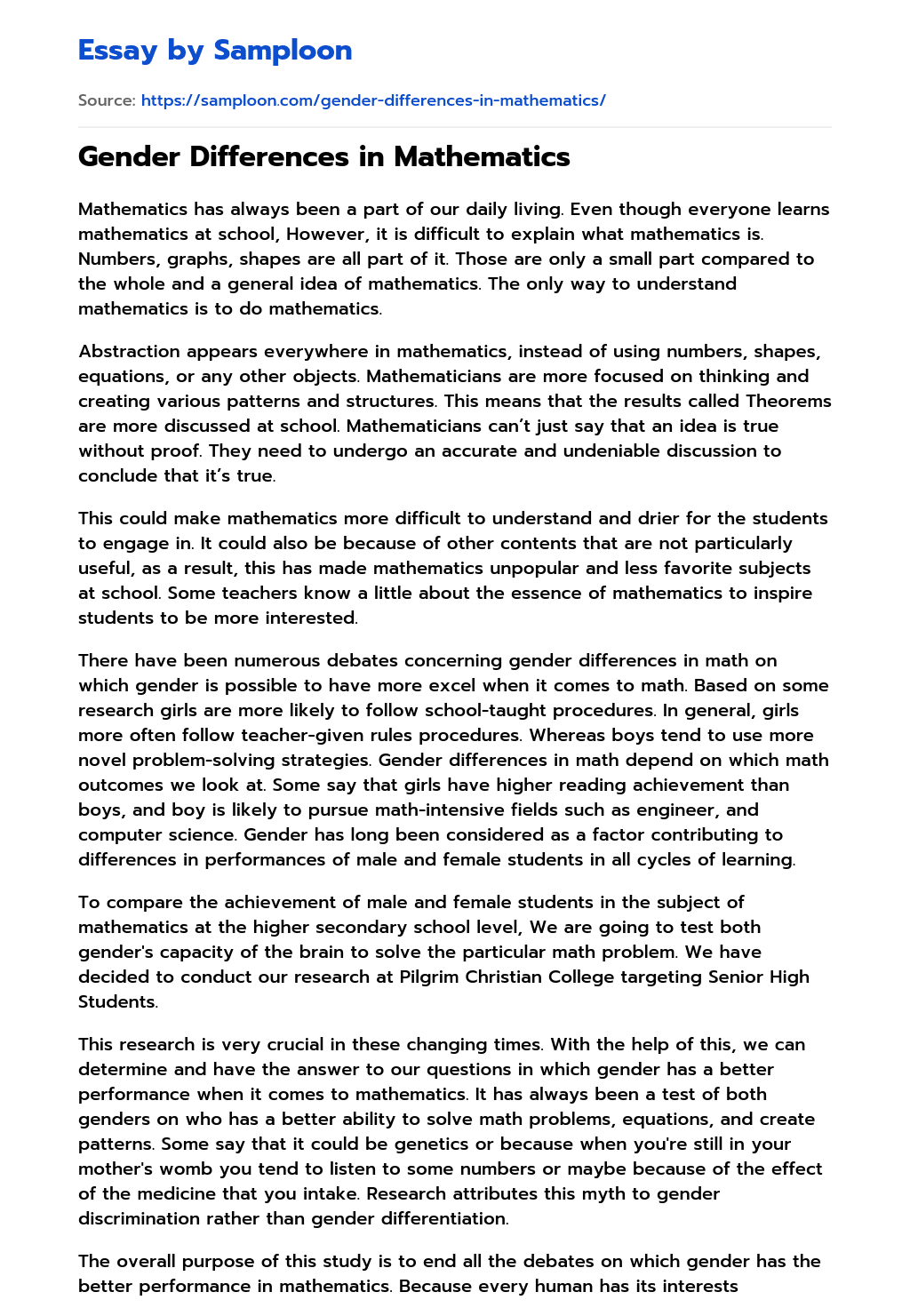  Gender Differences In Mathematics Free Essay Sample On Samploon