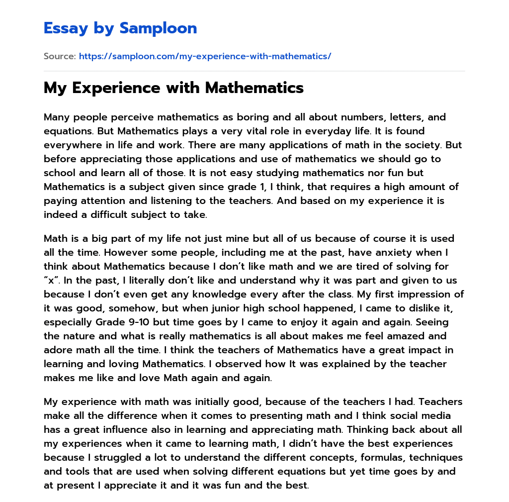 My Experience With Mathematics Free Essay Sample On Samploon