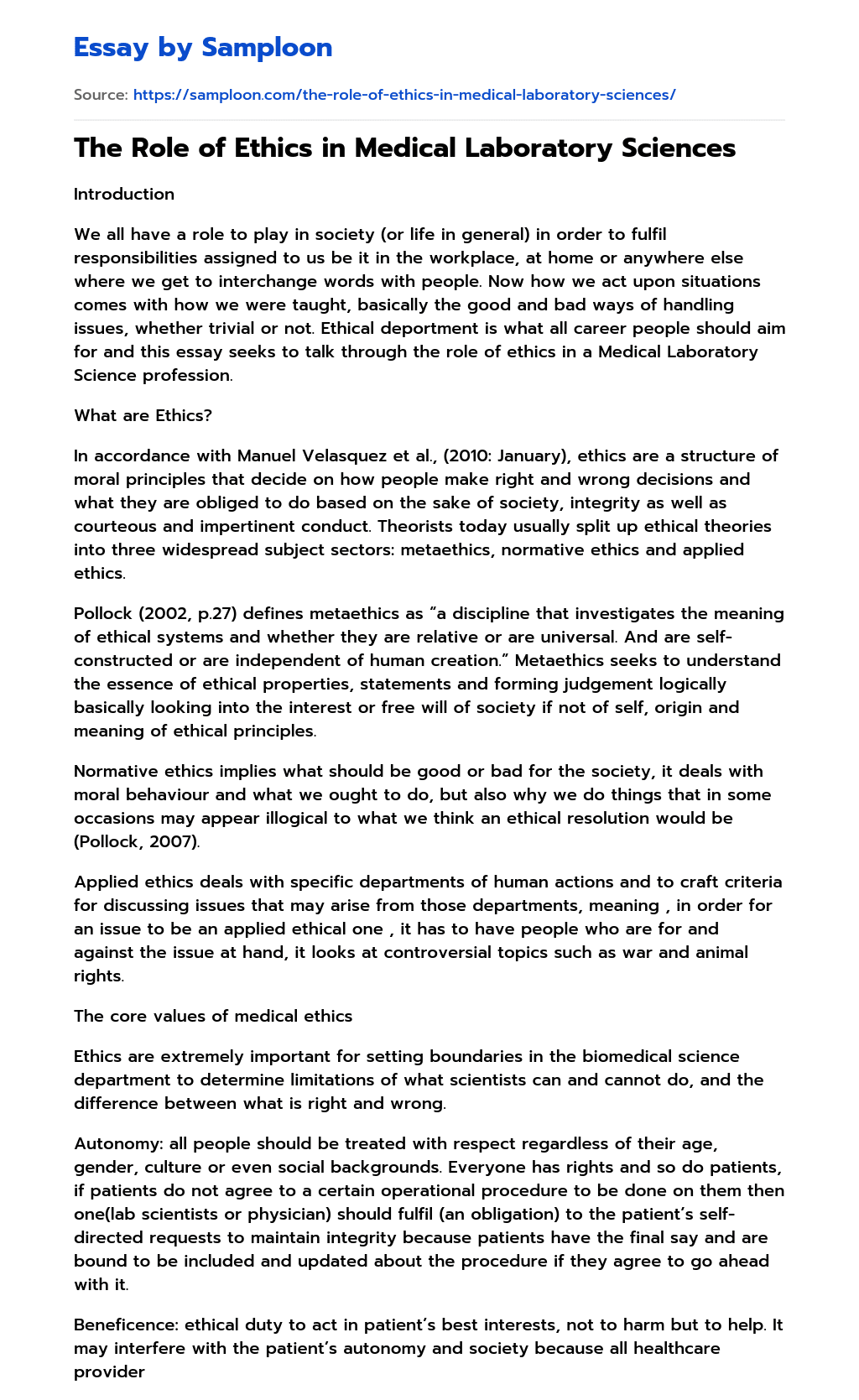 The Role Of Ethics In Medical Laboratory Sciences Free Essay Sample The Role Of Ethics In Medical Laboratory Sciences Free Essay Sample