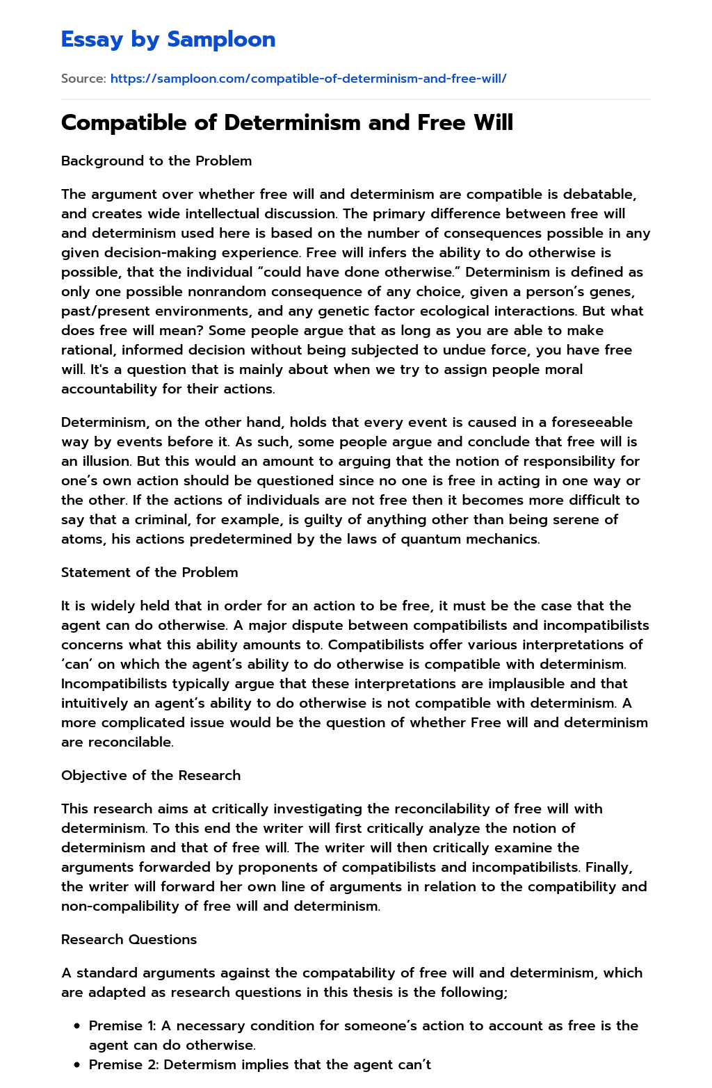  Compatible Of Determinism And Free Will Free Essay Sample On Samploon