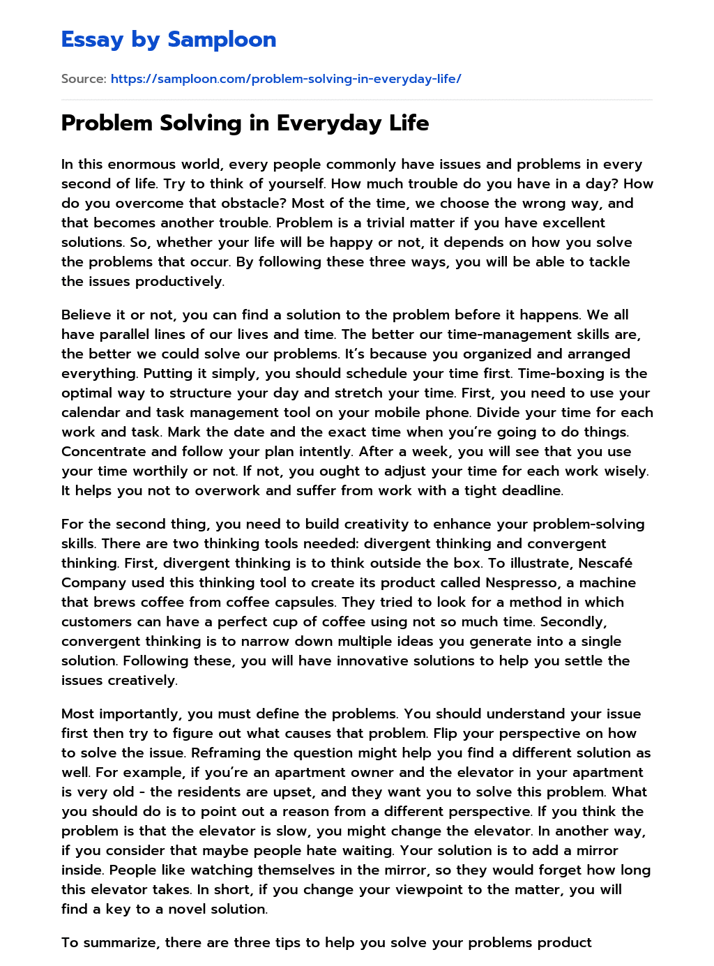  Problem Solving In Everyday Life Free Essay Sample On Samploon