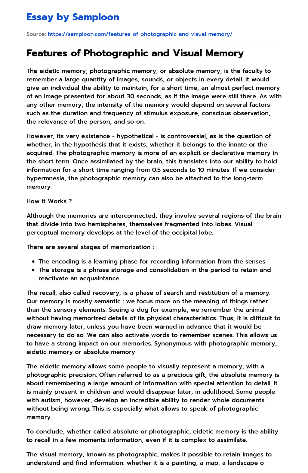  Features Of Photographic And Visual Memory Free Essay Sample On 