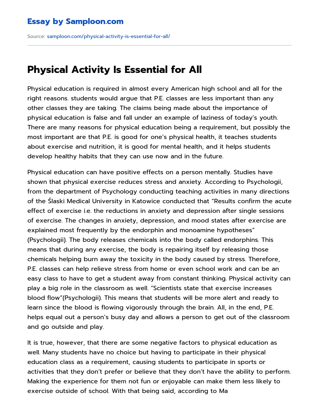 Physical Activity Is Essential For All Argumentative Essay On Samploon Physical Activity Is Essential For All Argumentative Essay On Samploon