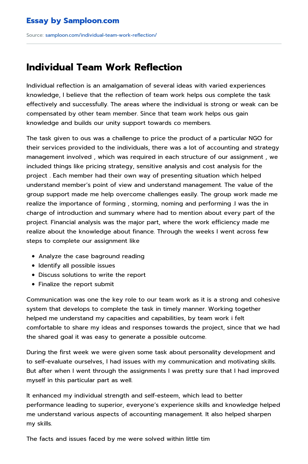  Individual Team Work Reflection Free Essay Sample On Samploon